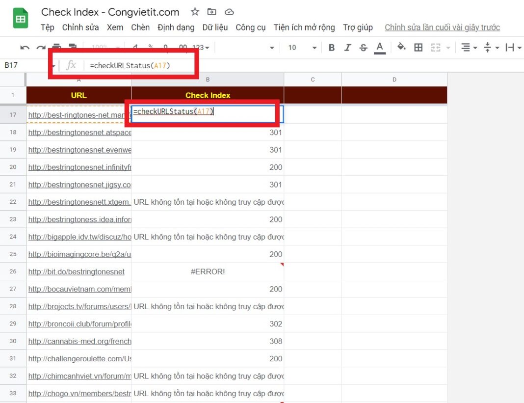 Share Code check Index URL trên Google Sheets sử dụng Google Apps ...